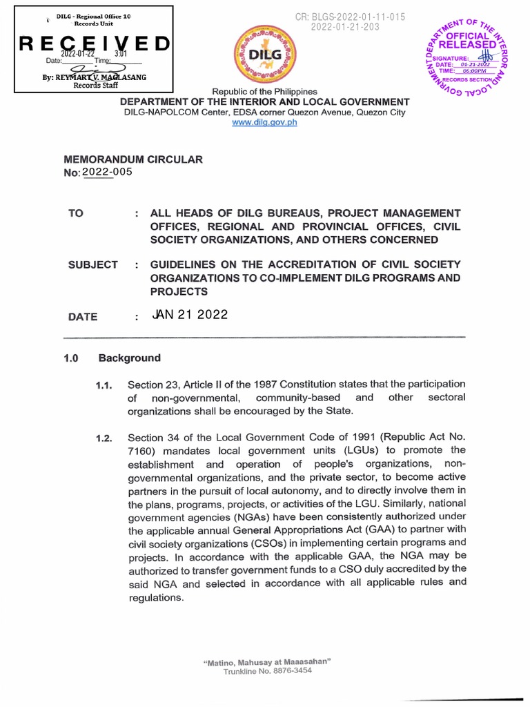 DILG MC No. 2022-005 - Guidelines of Accreditation of CSOs To Co-Implement DILG Programs and ...