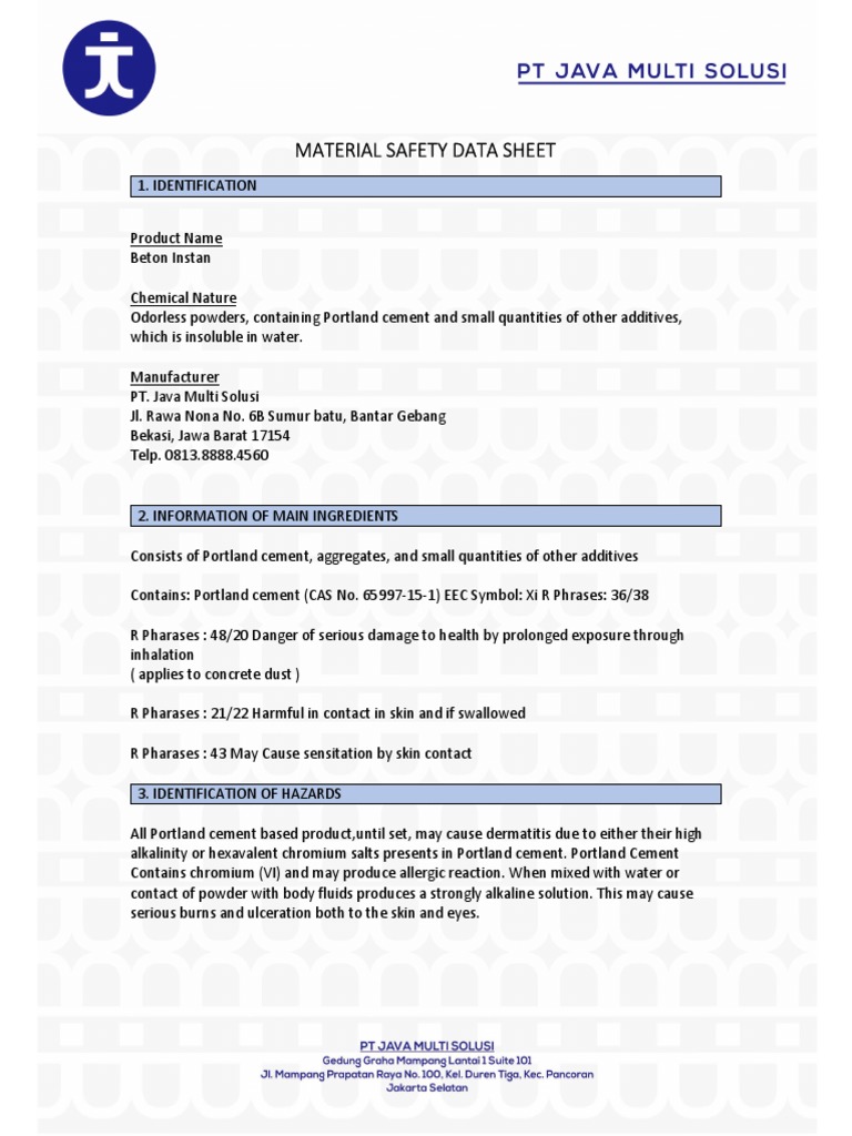 MSDS Javacrete | PDF | Concrete | Dust