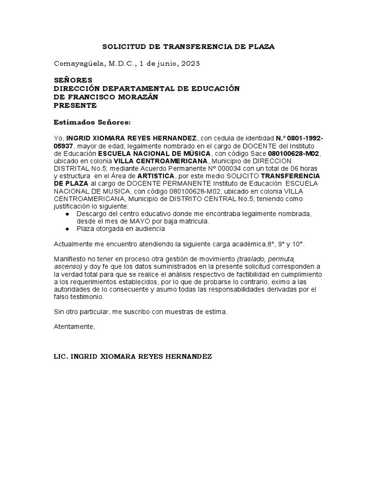 Solicitud de Transferencia de Plaza Docente | PDF | Política | Viajes y turismo