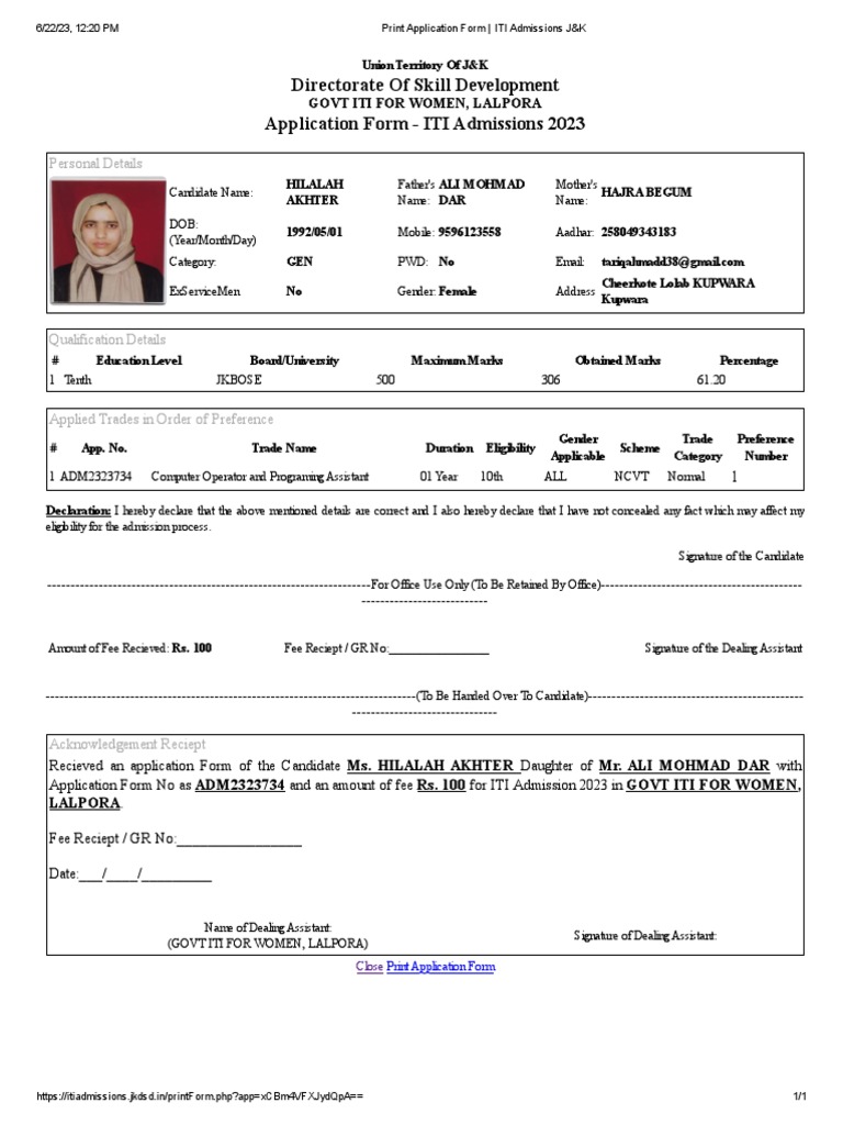 Print Application Form _ ITI Admissions J&K HILALAH | PDF