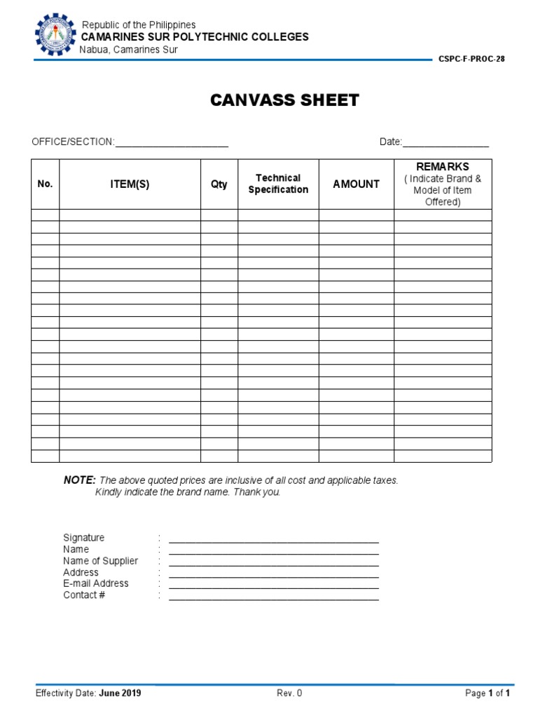 Canvass Sheet Template for Procurement | PDF | Business | Technology ...