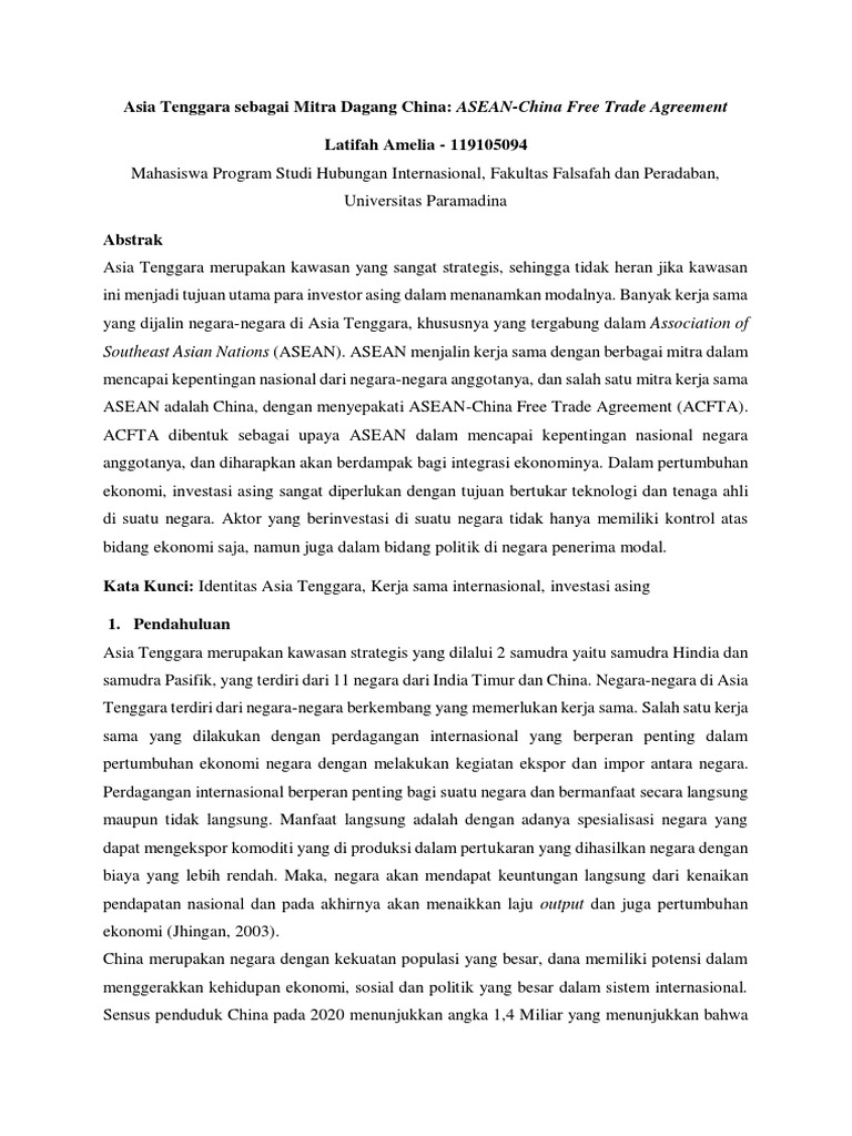 Asia Tenggara Sebagai Mitra Dagang China (ACFTA) | PDF