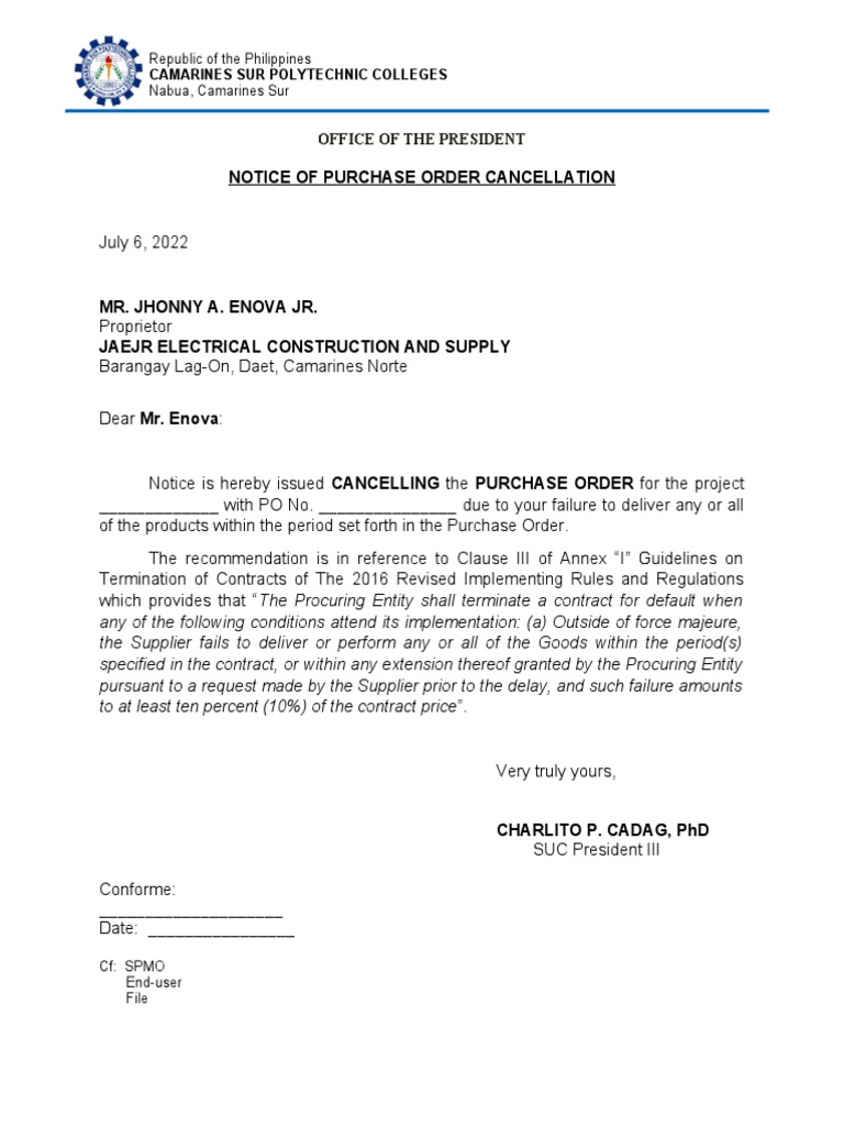 Purchase Order Cancellation Notice | PDF
