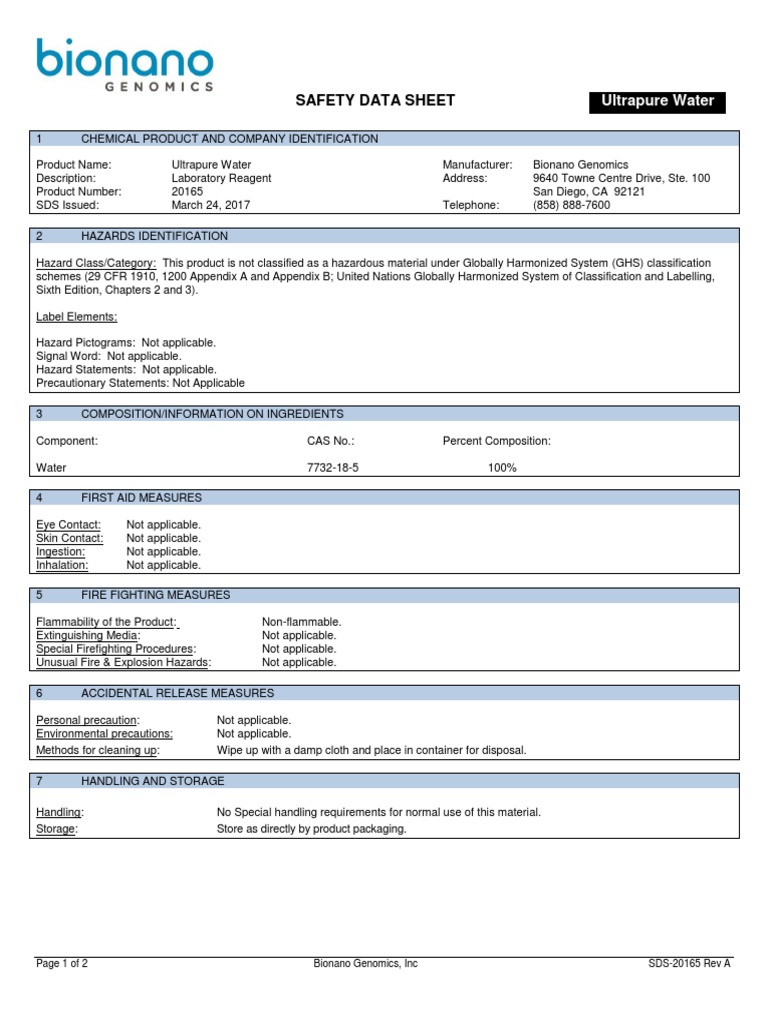 SDS 20165 Rev A Ultrapure Water | Download Free PDF | Chemistry | Labor ...