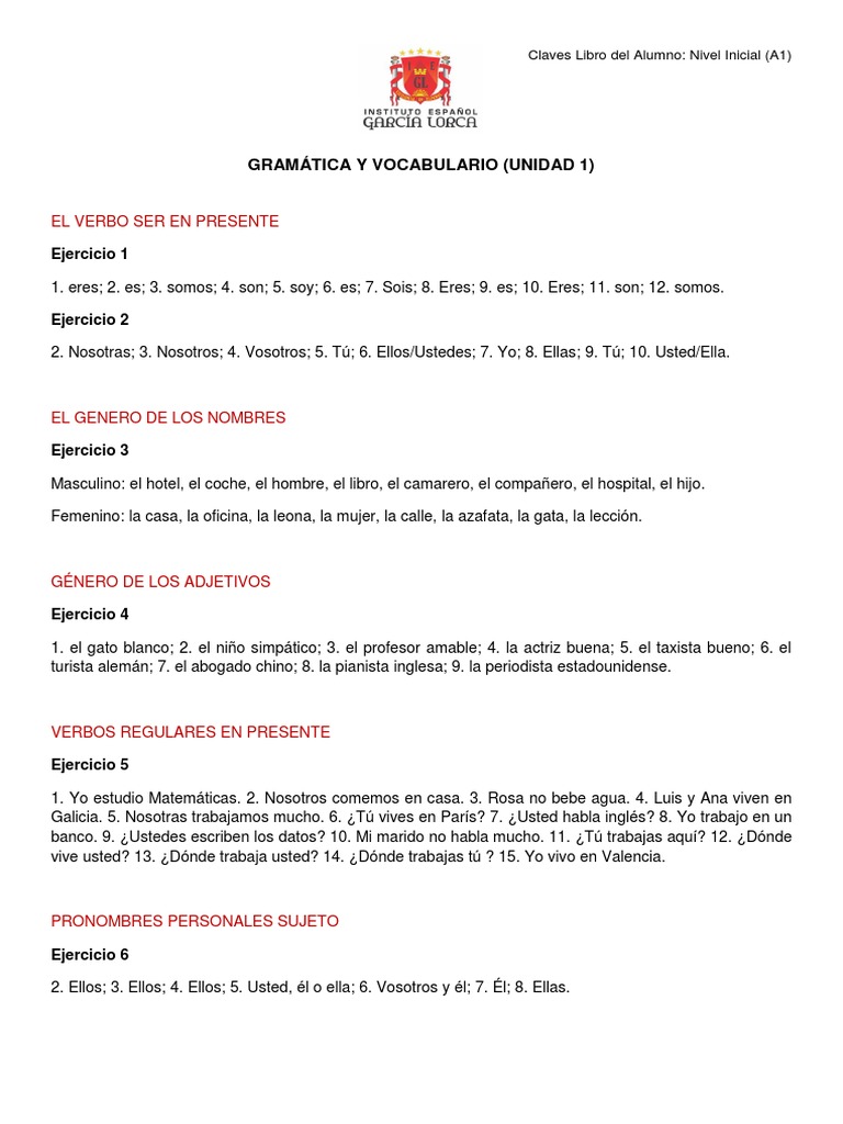 Claves Unidad 1 - Nivel A1 | PDF