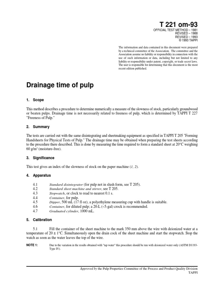 T221 OM-93 Drainage Time of Pulp | PDF | Water | Valve