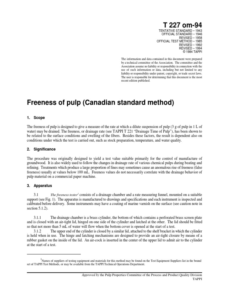 T227 OM-94 Freeness of Pulp (Canadian Standard Method) | PDF | Paper ...
