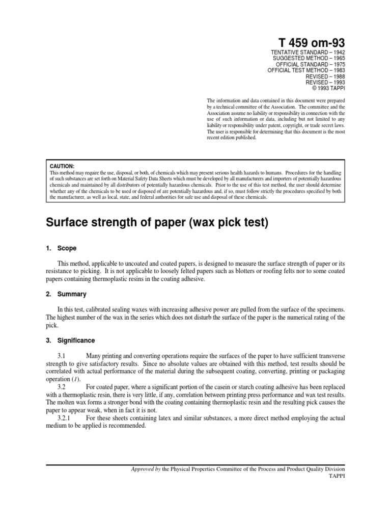 T459 OM-93 Surface Strength of Paper (Wax Pick Test) | Download Free ...