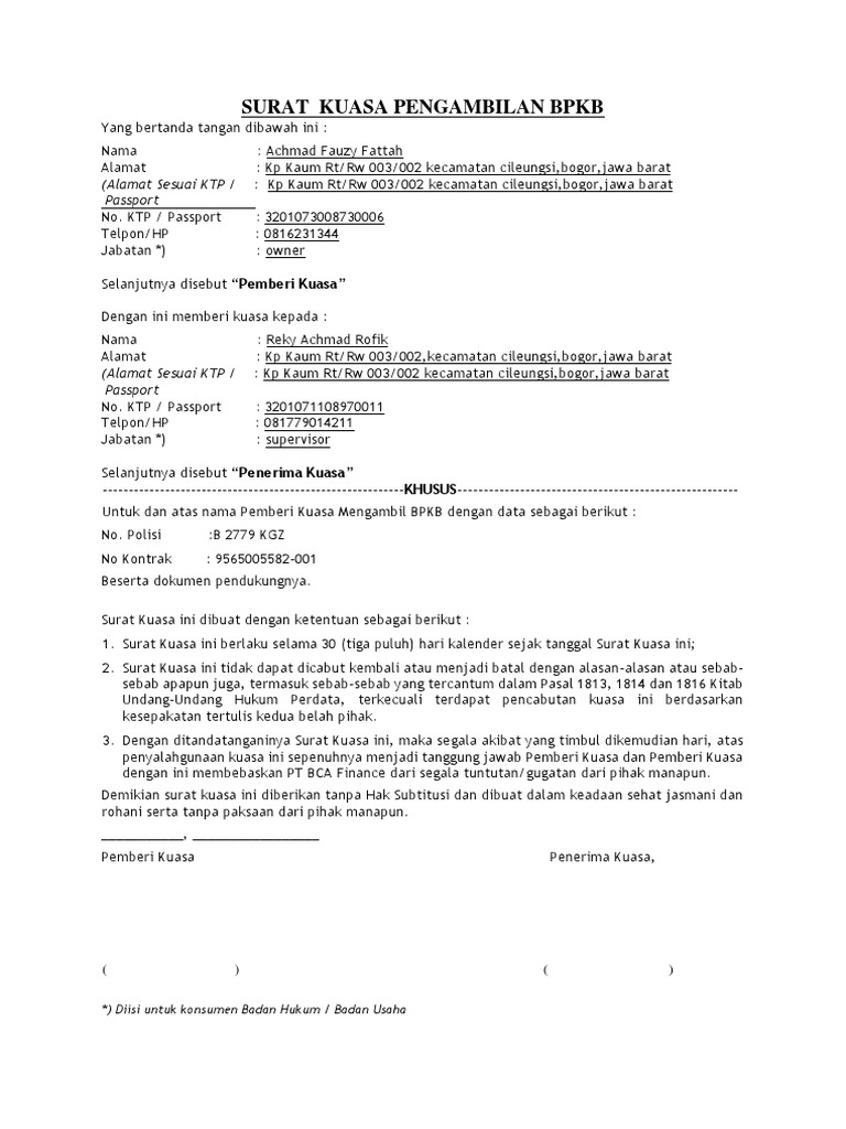Surat Kuasa BPKB | PDF