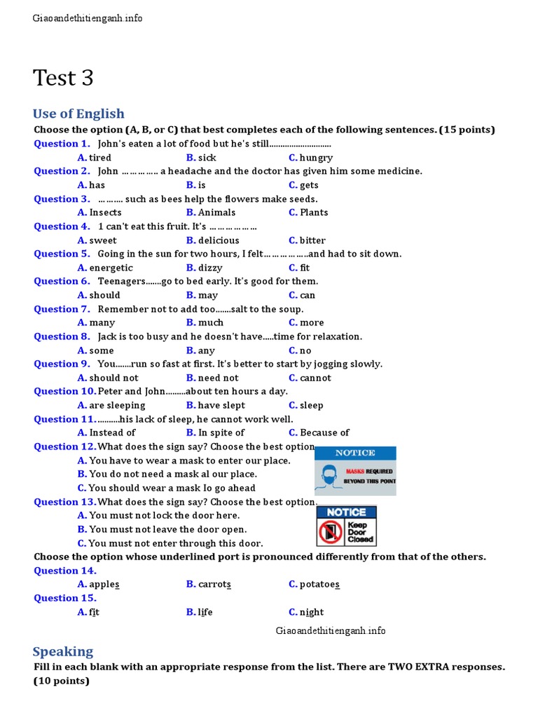 English Placement Test Practice | PDF | Healthy Diet | Apple