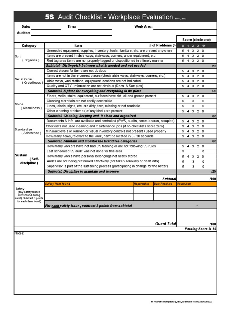 5S Audit Checklist for Workplace Evaluation | PDF | Audit | Business
