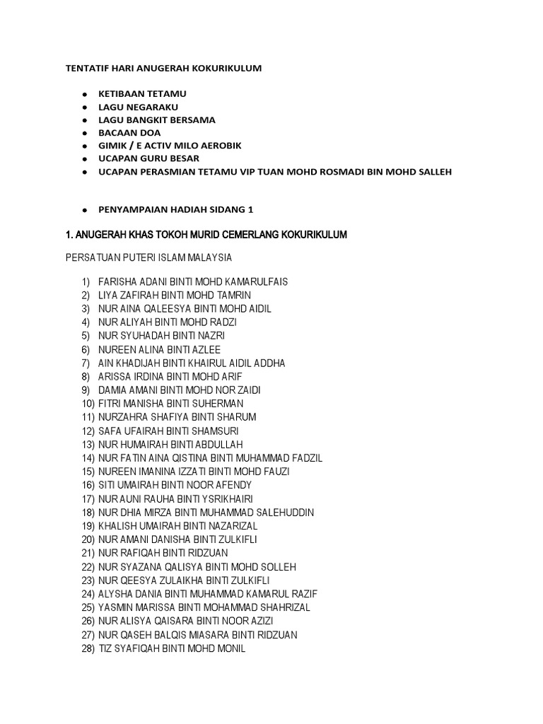 Tentatif Hari Anugerah Kokurikulum | PDF