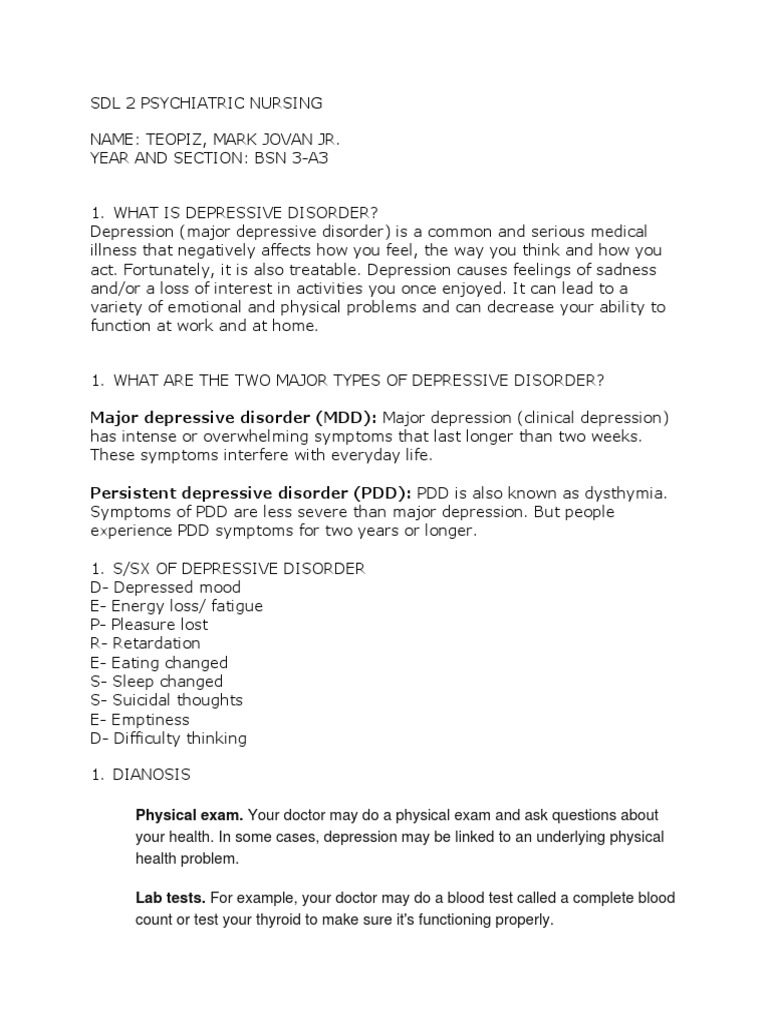 SDL 2 | PDF | Major Depressive Disorder | Mental Disorder
