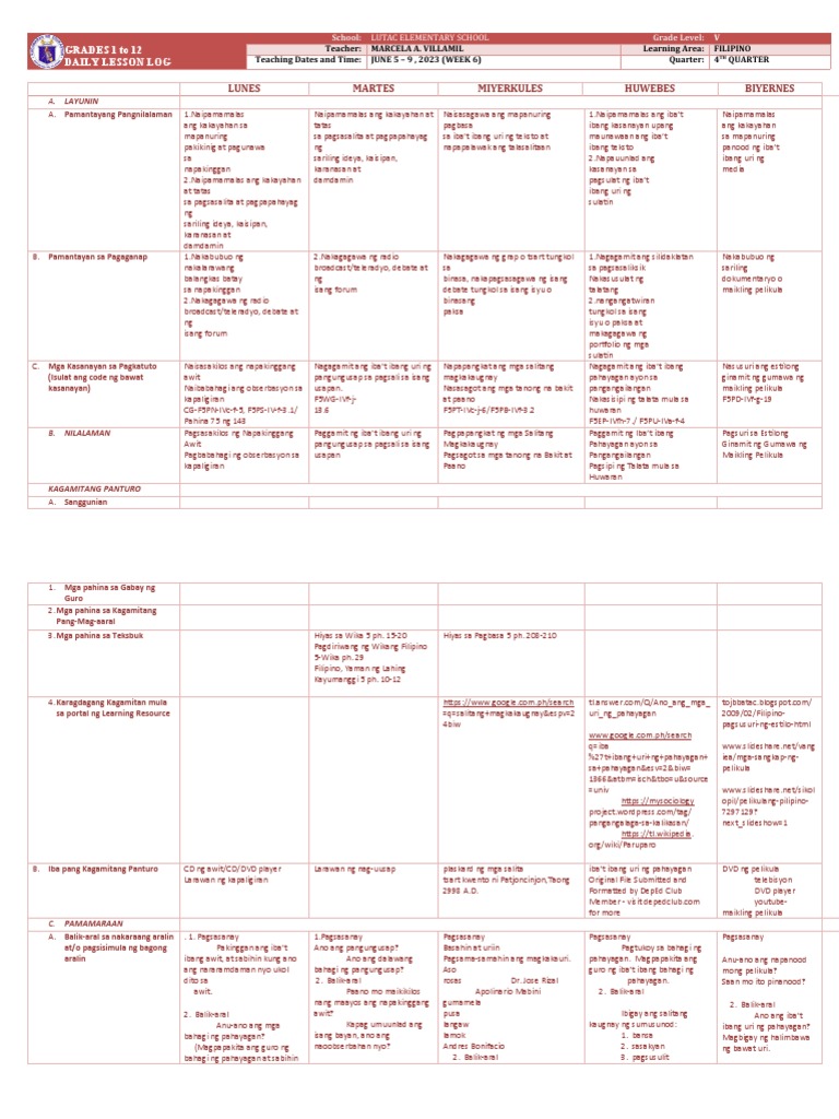 Dll Filipino 5 q4 w6 | PDF