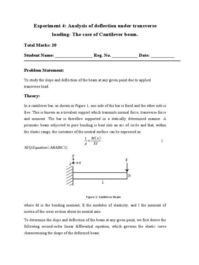 Lab 4 - Analysis of deflection under Transverse loading (Cantilever ...