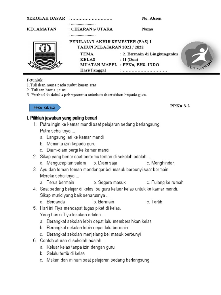 Soal Pas 1 Kelas 2 Tema 2 Mupel PPKN B Indo | PDF | Game & Aktivitas