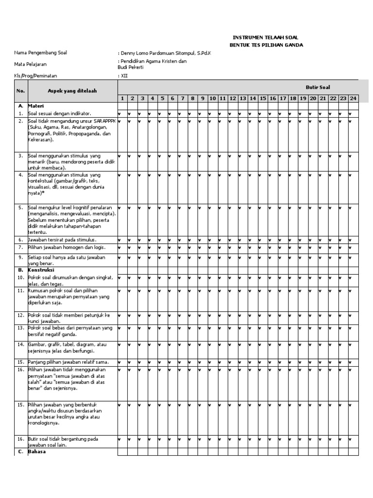 Format Telaah Soal Kelas Xii Ganjil Pakatolik 2122 | PDF