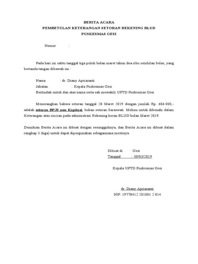 Berita Acara Keterangan Setoran Blud | PDF