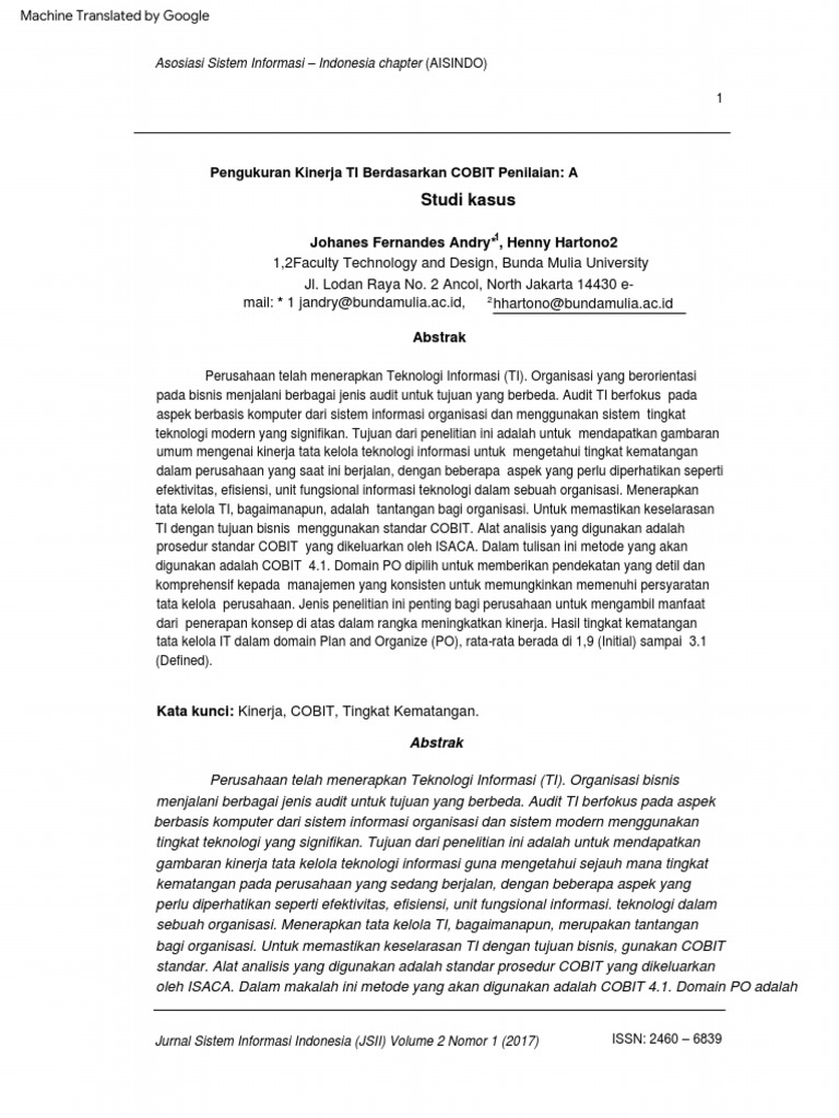 Performance Measurement of IT Based On COBIT Assessment A Case Study (Andry & Hartono, 2017 ...