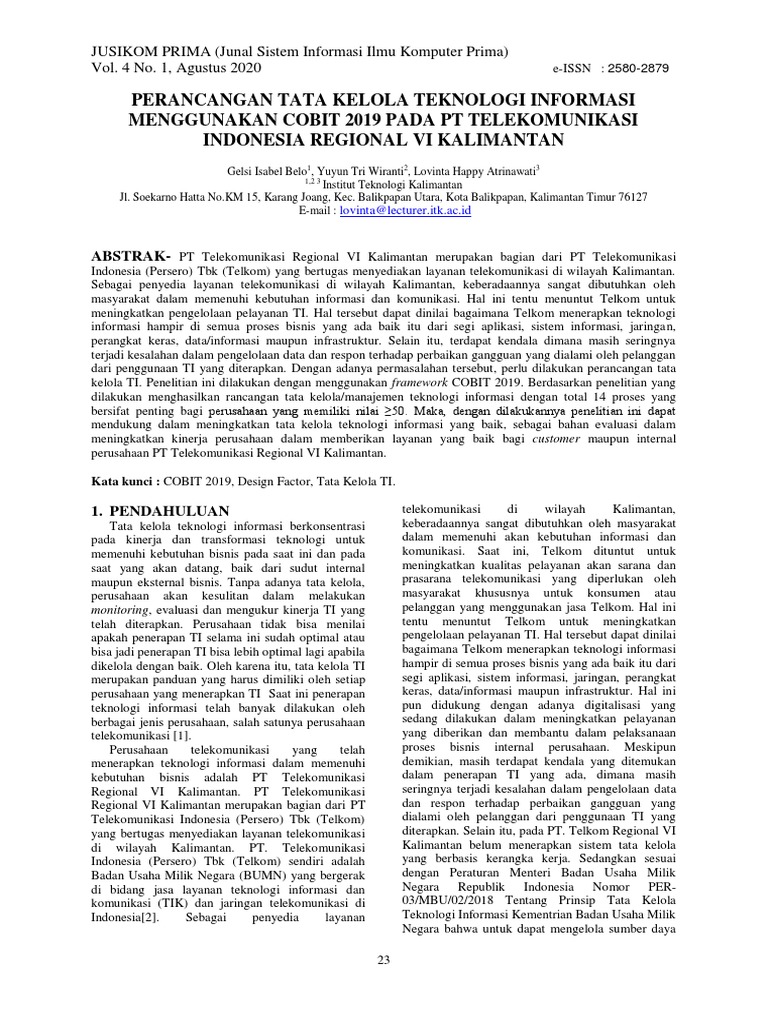 Perancangan Tata Kelola Teknologi Informasi Menggunakan COBIT 2019 Pada PT Telekomunikasi ...