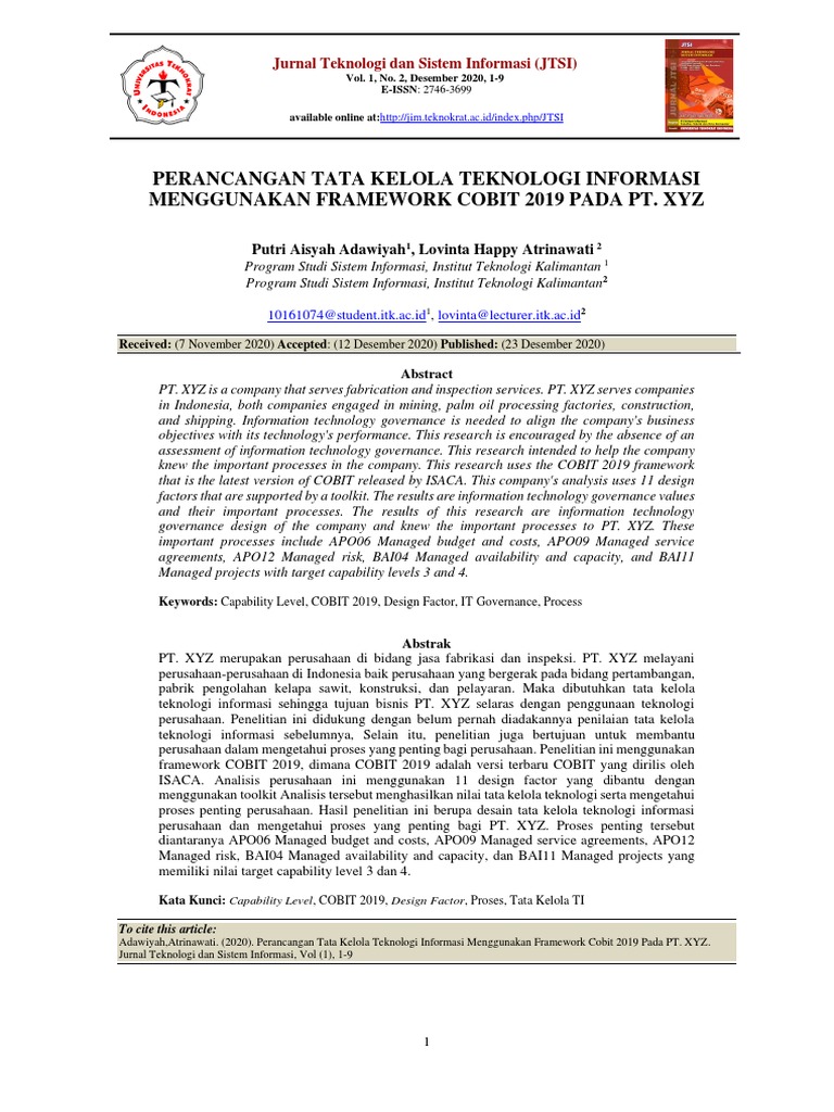 Perancangan Tata Kelola Teknologi Informasi Menggunakan Framework Cobit 2019 Pada PT XYZ | PDF ...
