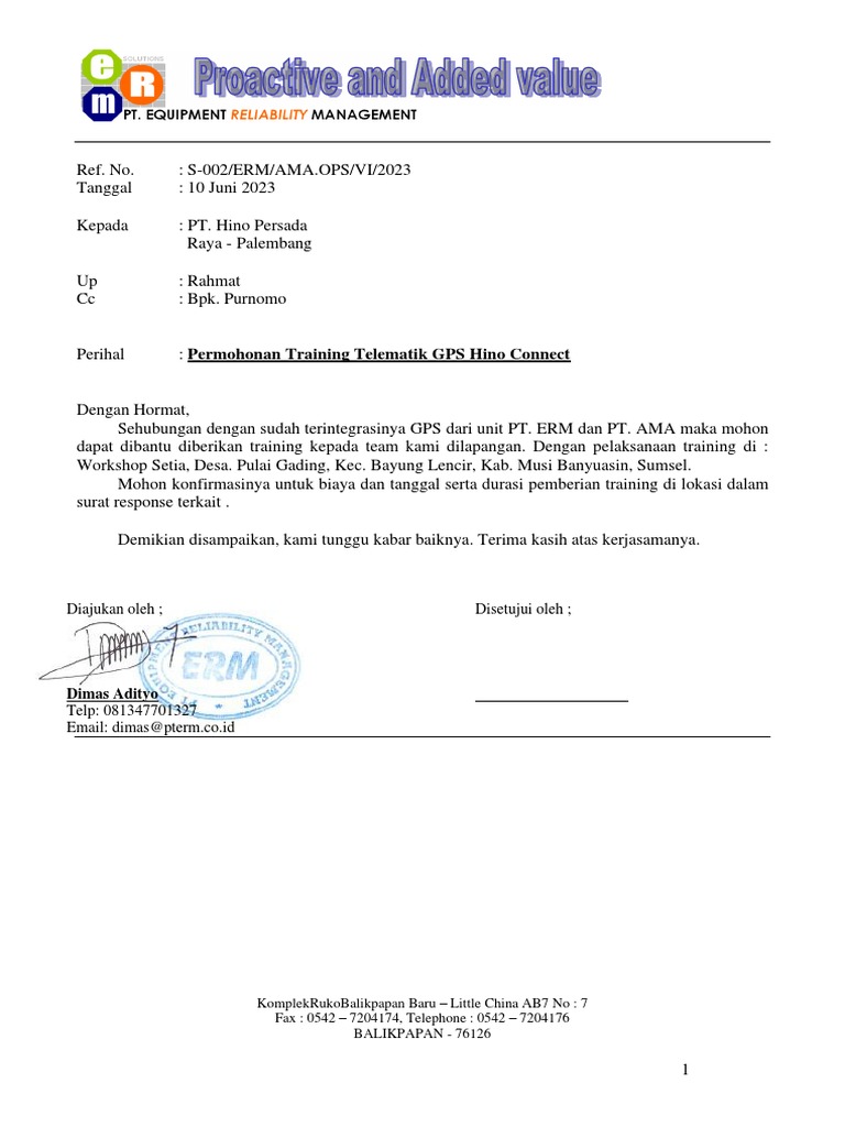 Surat Permohonan Training Telematik Hino Connect | PDF