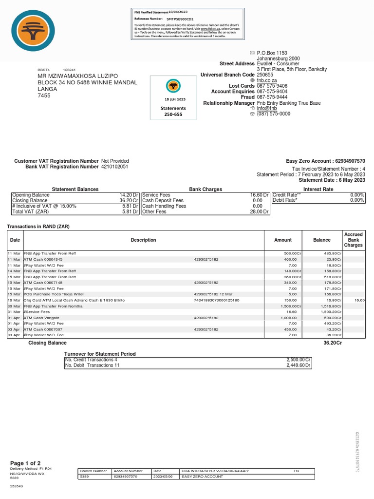 FNB Statement May 2023 | PDF | Credit Card | Debit Card