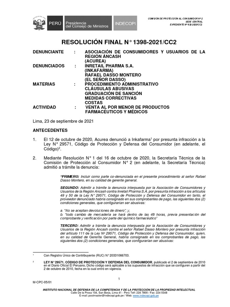 RESOLUCIÓN FINAL #1398-2021/CC2: Comisión de Protección Al Consumidor #2 Sede Central EXPEDIENTE ...