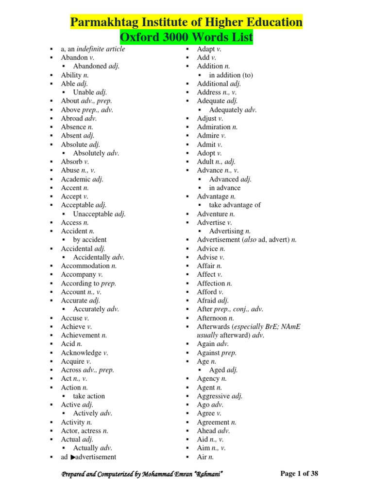 Oxford 3000 Words List by Mohammad Emran Rahmani | PDF