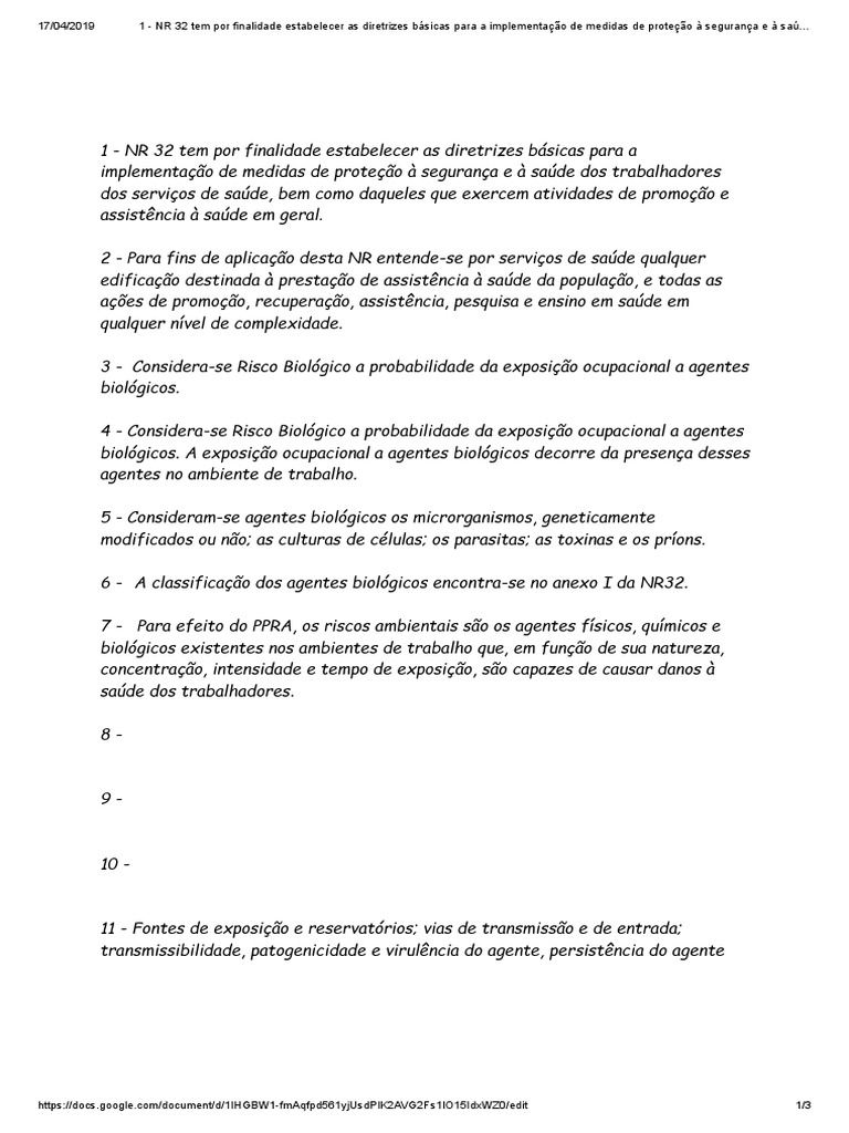 1 - NR 32 tem por finalidade estabelecer as diretrizes básicas para a ...