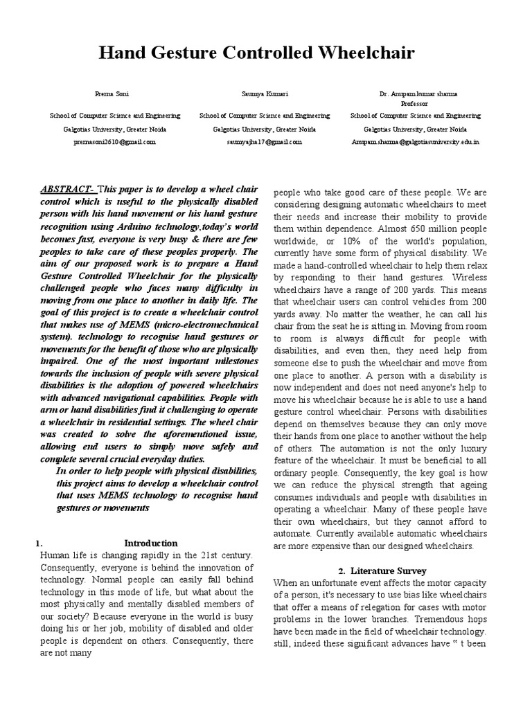 REPORT ON HAND GESTURE CONTROLLED WHEELCHAIR | PDF | Wheelchair | Computing
