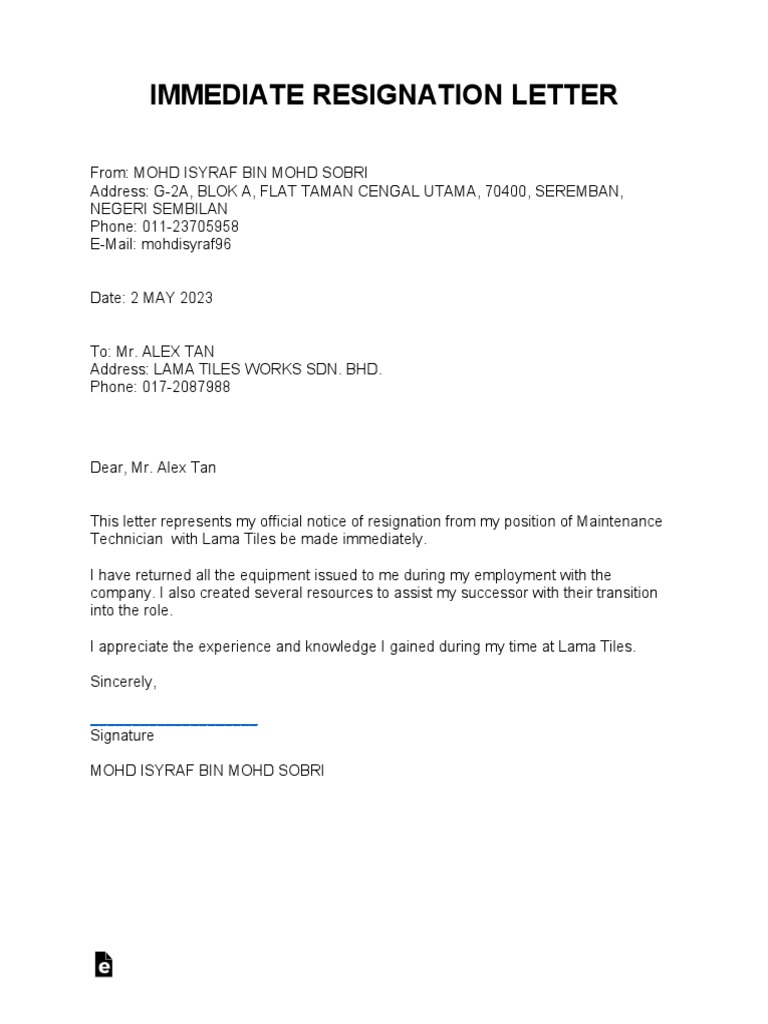 Immediate Resignation Letter Template | PDF