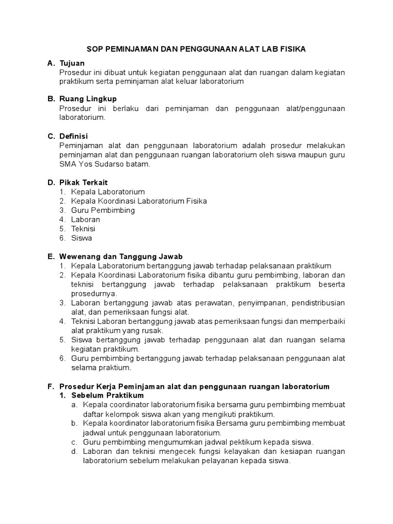 Sop Peminjaman Dan Penggunaan Alat Lab Fisika Sikto Widi Asta-Sma Yos Sudarso Batam | PDF