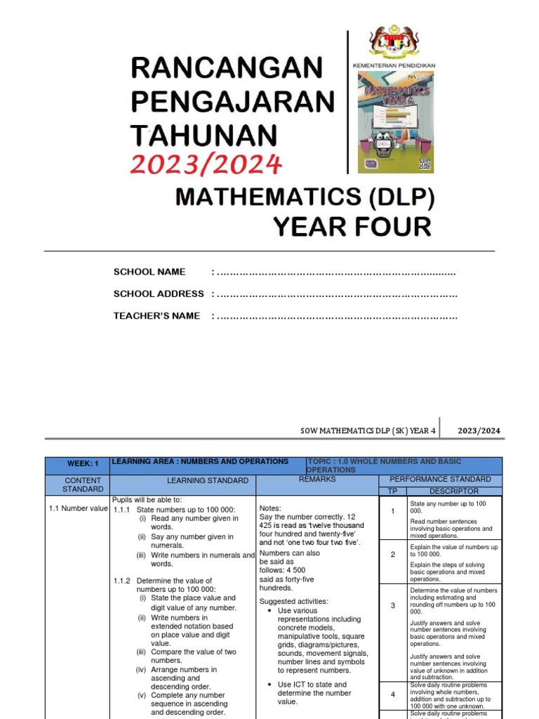 RPT MATH DLP YEAR 4 2023-2024 By Rozayus Academy | PDF | Decimal | Numbers