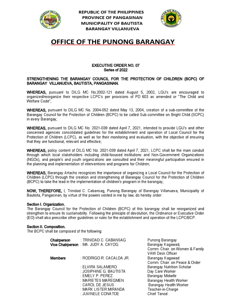 Executive Order No. 7 2022 Strengthening BCPC | PDF | Child Protection ...