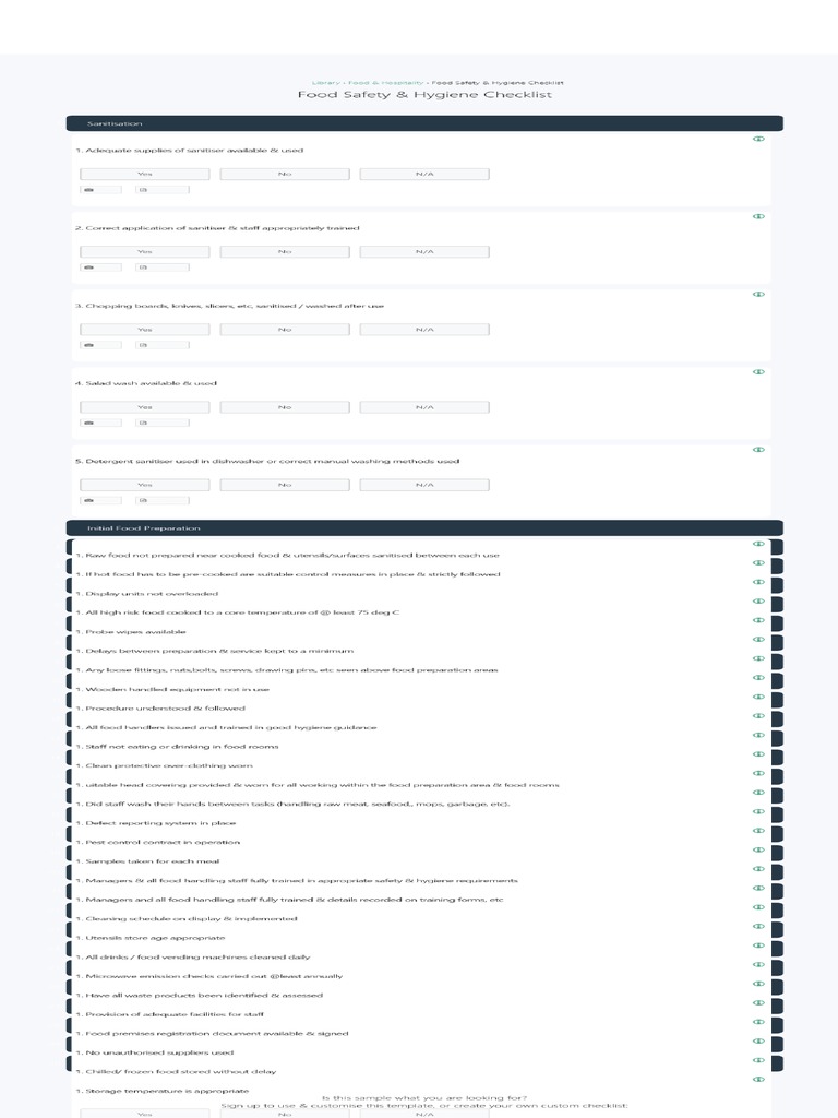 GoAudits - Food Safety & Hygiene Checklist (Sample) | PDF