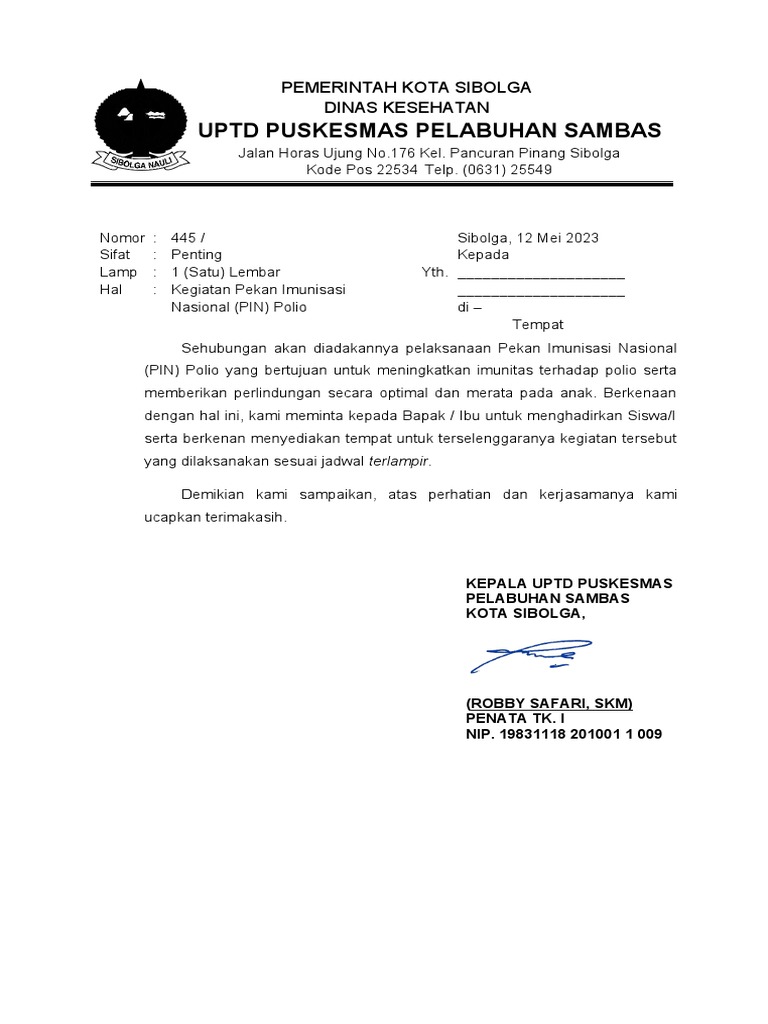 SURAT PIN POLIO KELURAHAN DAN SEKOLAH | PDF