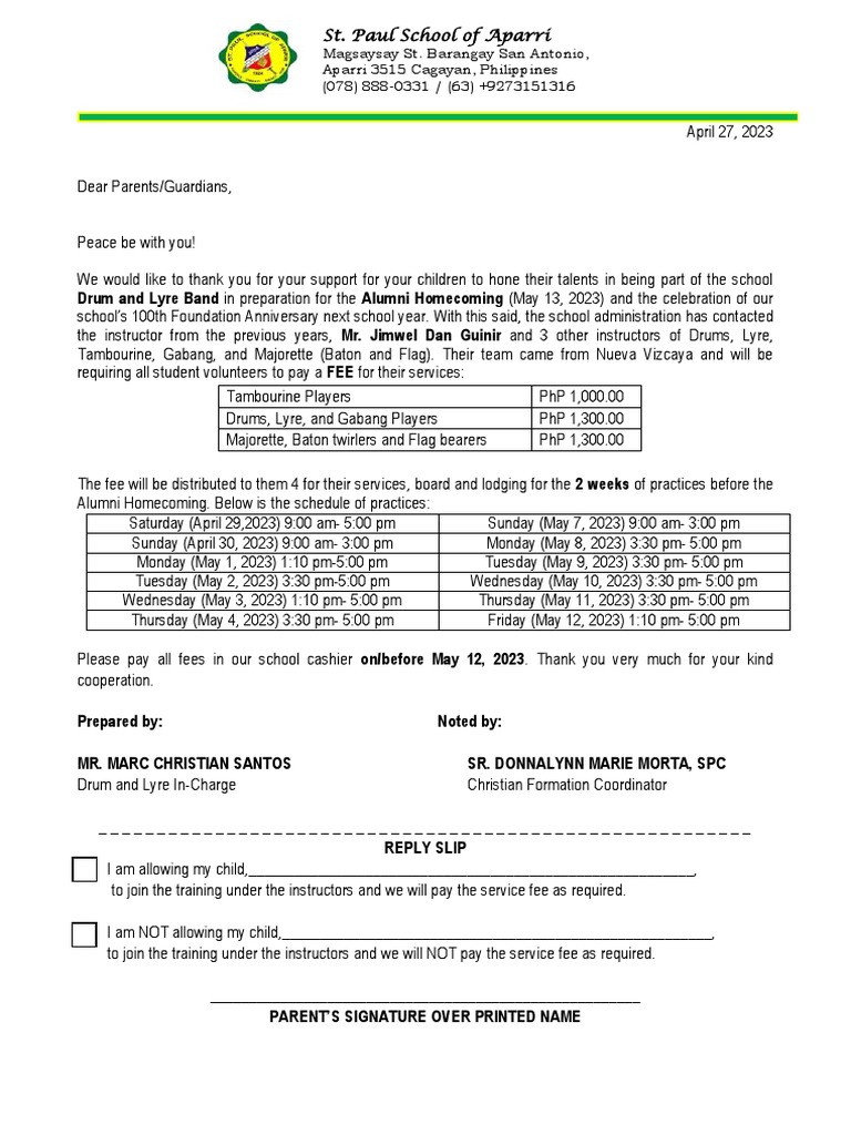 Letter For Parents Drum and Lyre Matters | PDF