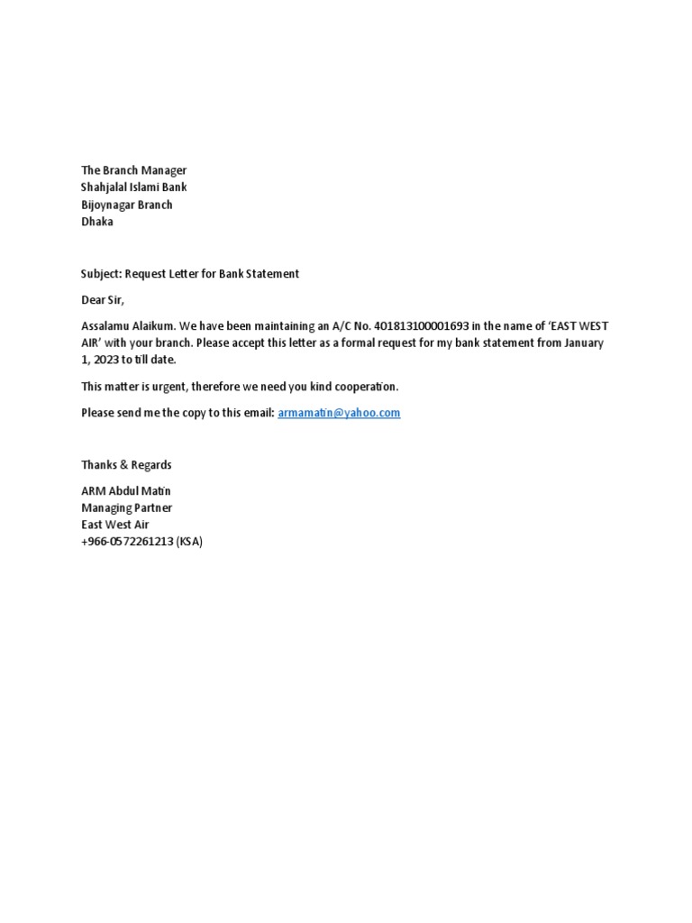 Bank Statement Letter | PDF