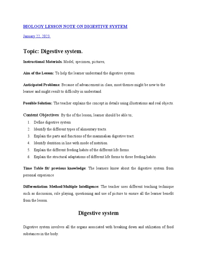 Biology Lesson Note On Digestive System | PDF | Digestion | Human Digestive System
