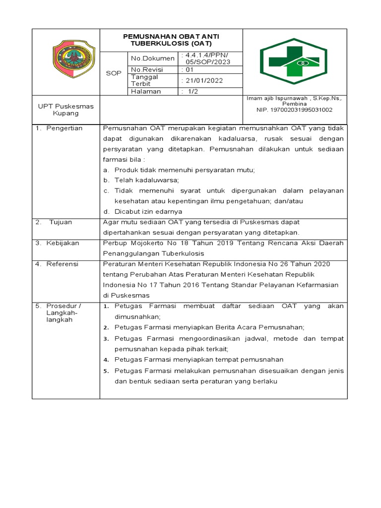 Sop - Pemusnahan Obat Anti Tuberkulosis (Oat) | PDF