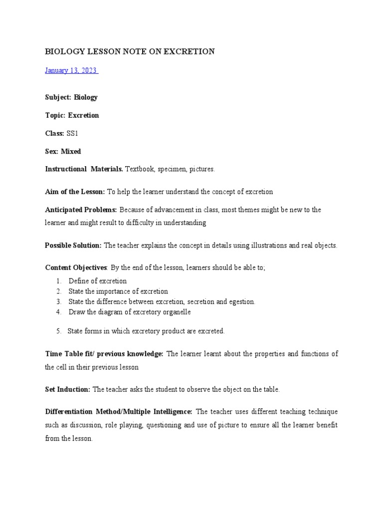 Biology Lesson Note On Excretion | PDF | Excretion | Kidney