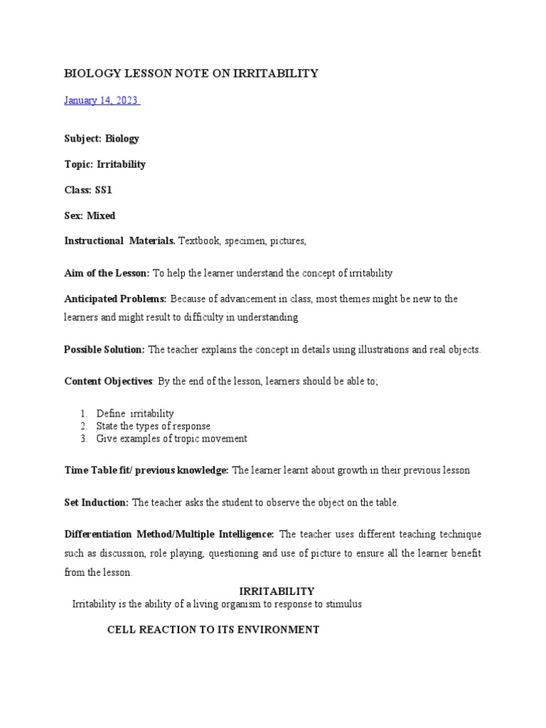 Biology Lesson Note On Irritability Download Free PDF Learning
