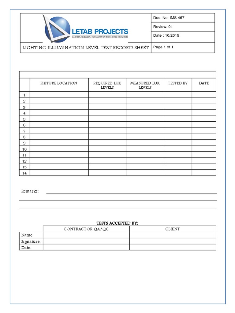 IMS 467-QTR - Lighting Illumination Level Test Record Sheet Rev01 | PDF
