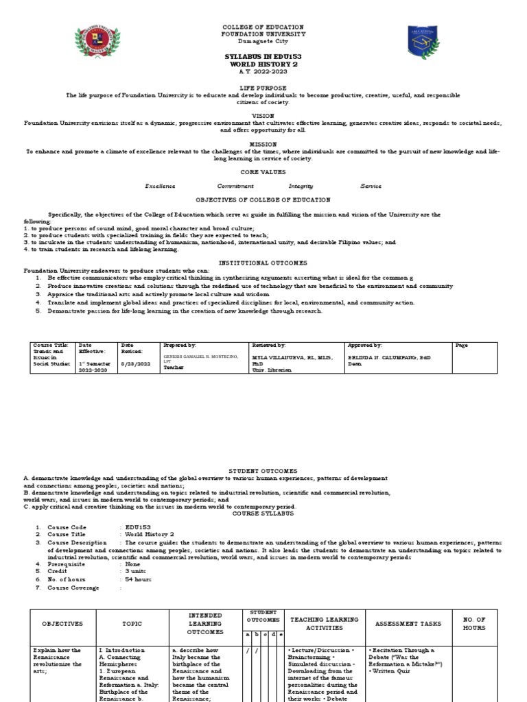 World History 2 Course Syllabus | PDF | Lifelong Learning | Learning