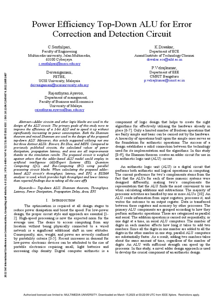 Power Efficiency Top-Down ALU For Error Correction and Detection Circuit | PDF | Computing ...