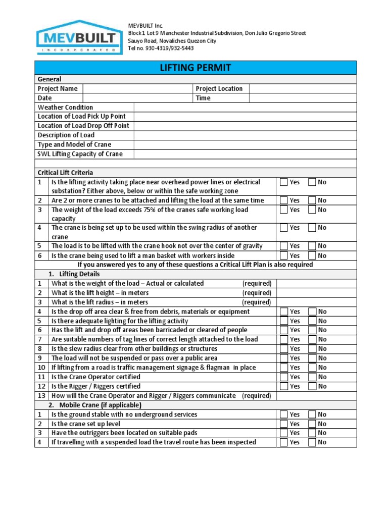LIFTING-PERMIT Format | PDF | Crane (Machine)