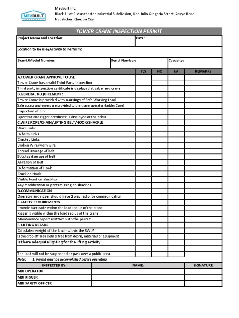 Tower Crane Set Up Checklist Permit | PDF | Computers