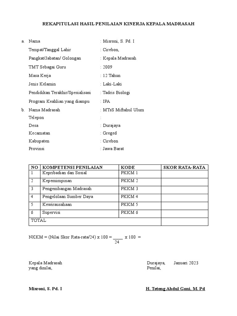 Rekapitulasi Hasil Penilaian Kinerja Kepala Madrasah c1 | PDF
