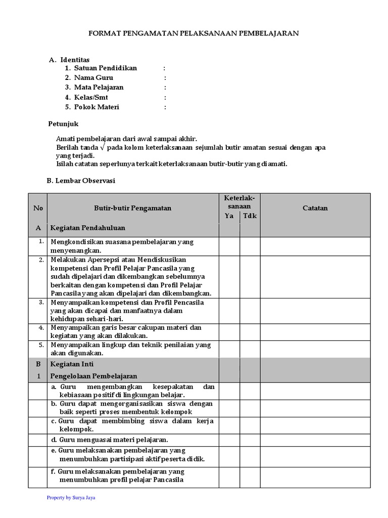 Format Pengamatan Pembelajaran Kumer | PDF